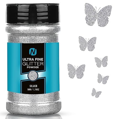 Glitter- Noverbee Silver Glitter, Fine Glitter- 50g Extra Fine Glitter. Great Resin Accessories, Craft Glitter, Glitter Powder for Slime, Powder for Nails, tumblers, Ornaments, Candle.