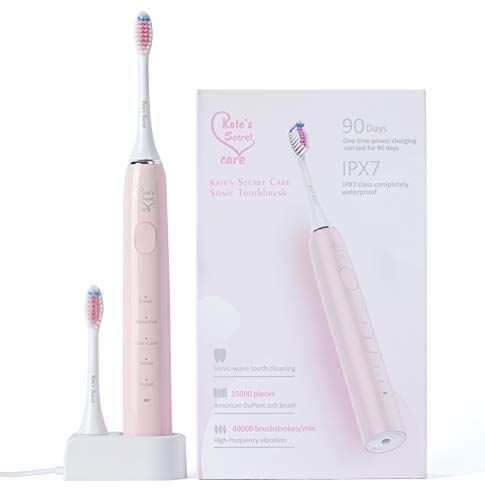 Kate's Secret Care Sonic Toothbrush Rechargeable One Charge Minimum 90 Days Use 5 Modes IPX7 Class Completely Waterproof 2 American Dupont Soft Head Brush - Pink