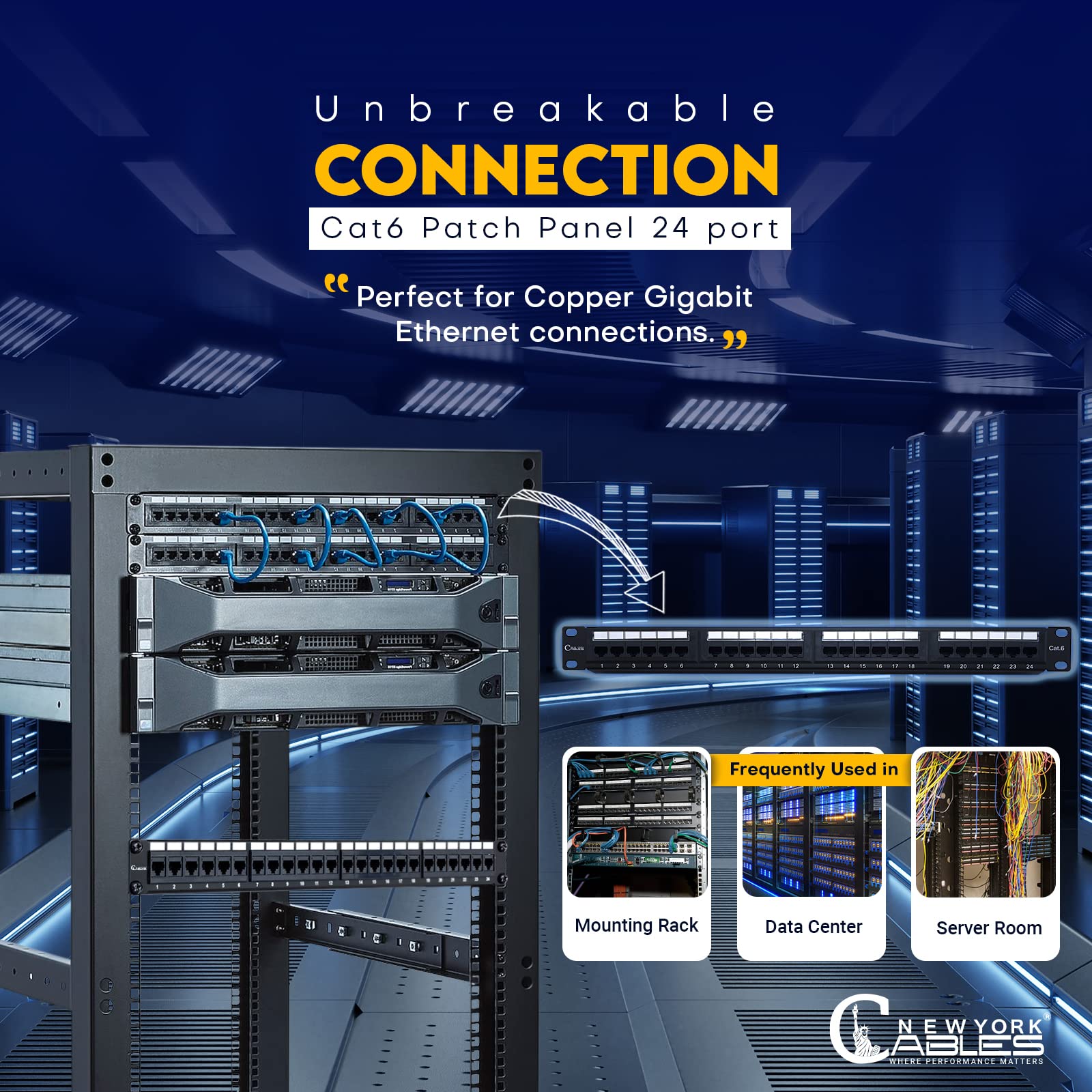 NewYork Cables® Cat6 24 Port Patch Panel – 19 Inch, 1U Patch Panel for Easy Rack Mount or Wall Mount, Clear Labeling & Exceptional Durability – Cat6 Patch Panel Compatible with Cat5e & Cat6 Cables