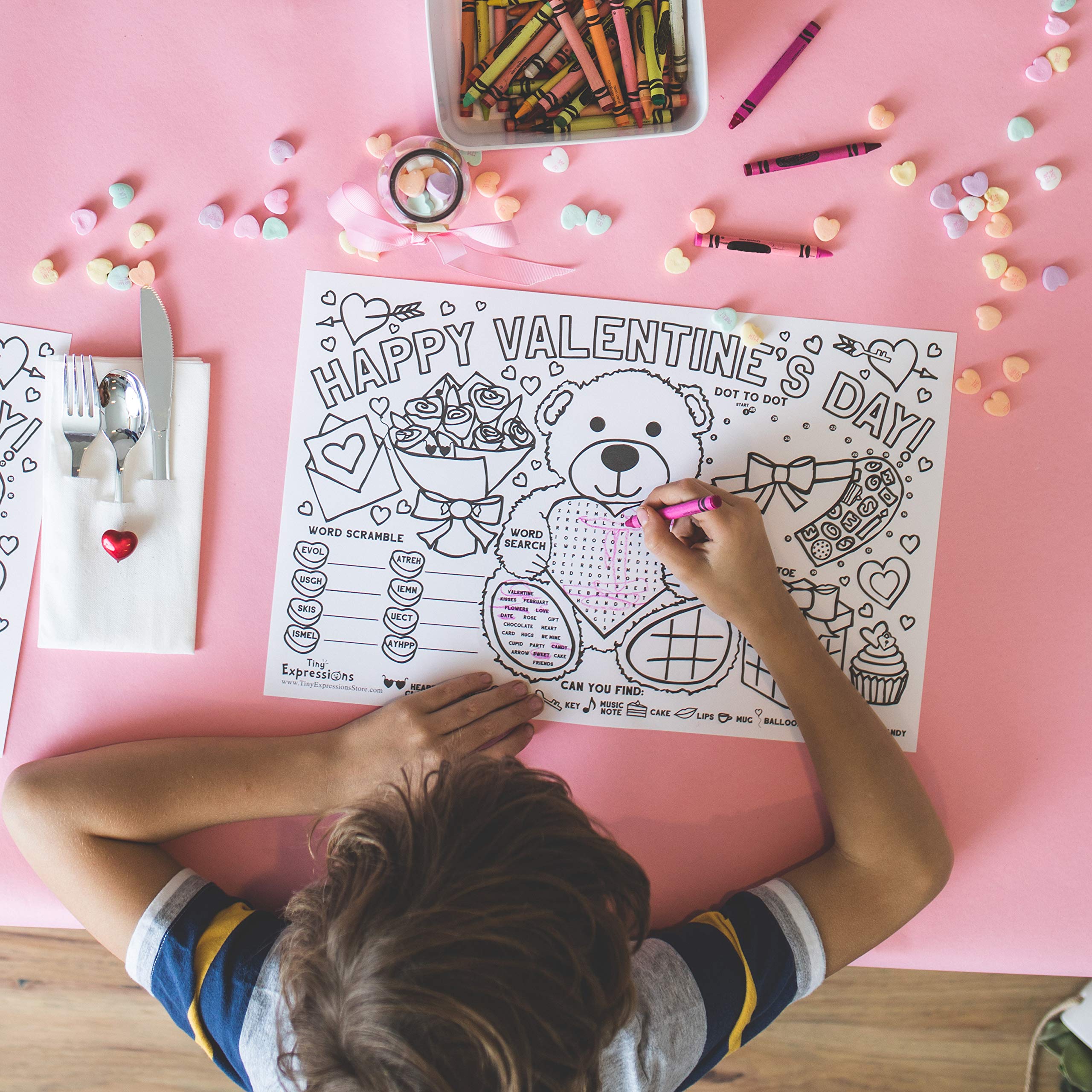 Tiny Expressions - Valentine's Day Coloring Placemats for Kids – Pack of 12 Disposable Paper Mats for Kids Table at Valentines Party, Includes Activities & Games for Kids