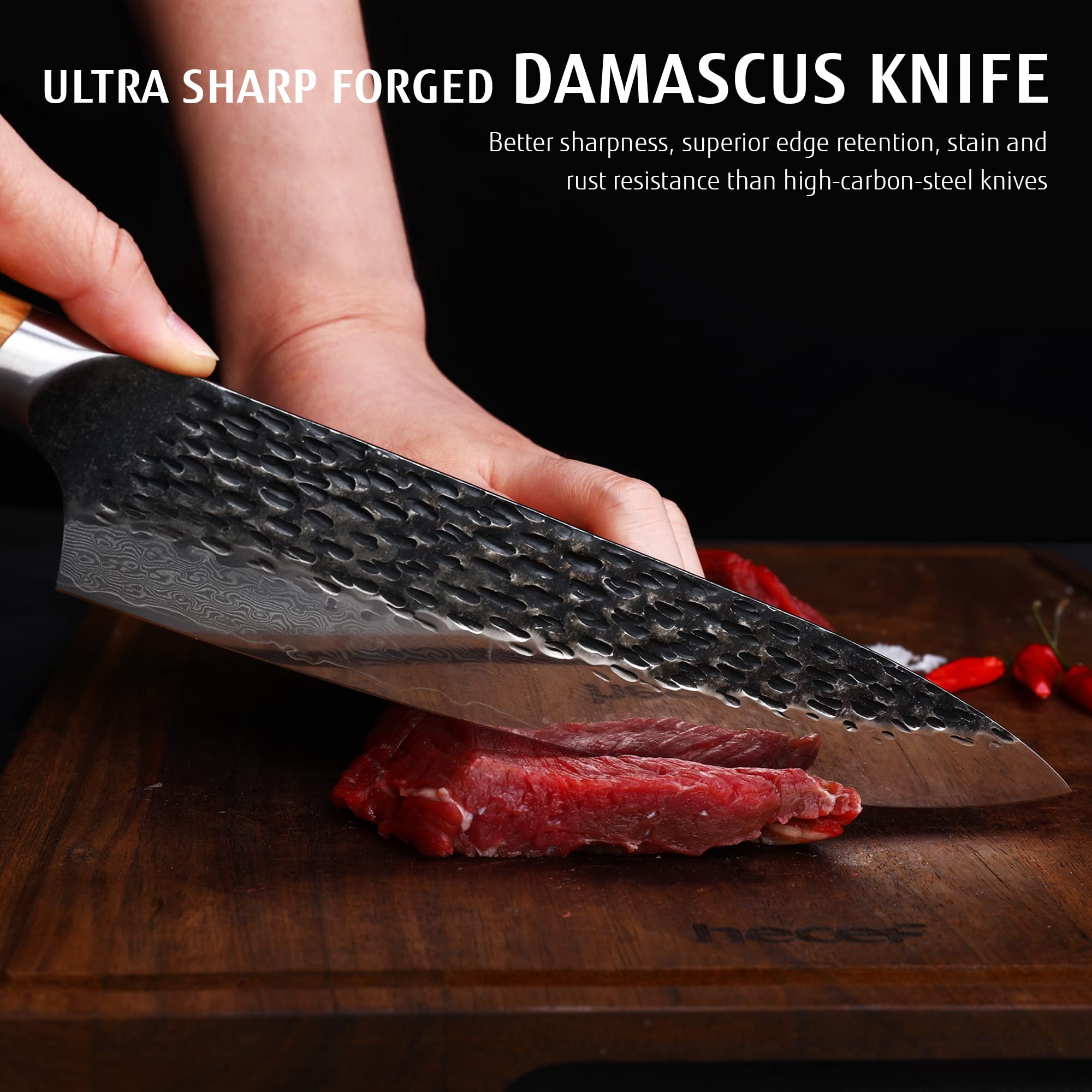 hecef 8 Inch Chef Knife Damascus Professional Japanese Knife, High Carbon Damascus Stainless Steel Kitchen Knife with Ergonomic Olive Wood Handle, Sharp Cooking Knife