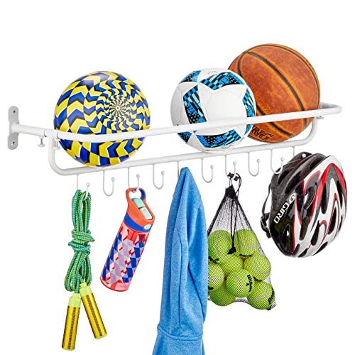 mDesign Metal Wall Mount Equipment Storage Rack and Organizer for Garage Organization; 10 Heavy Duty Accessory Hooks, Overhead Storage Space; Holds Sports Equipment; Garden and Lawn Tools - White