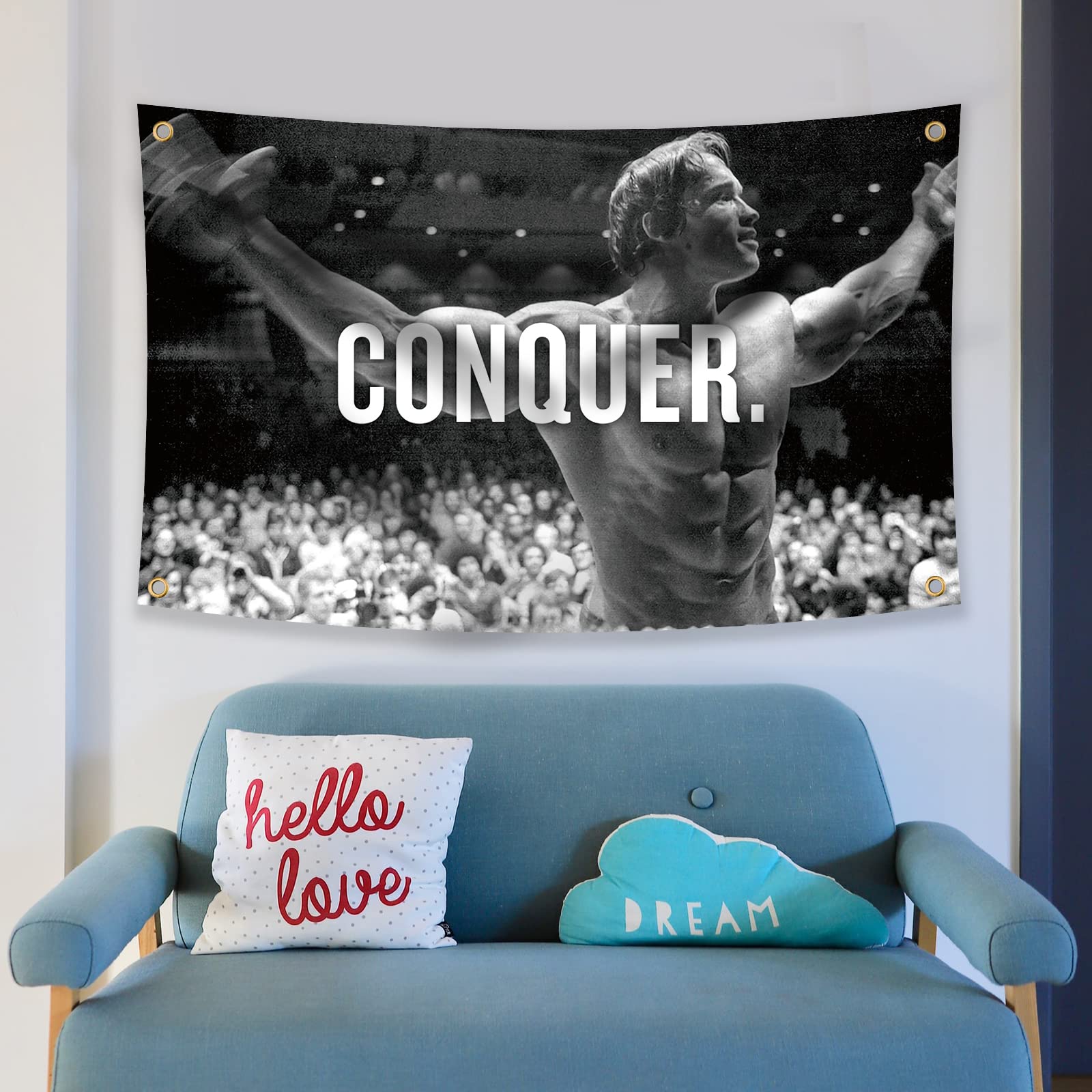 Arnold Schwarzenegger Conquer Motivational Inspirational Office Gym Wall Decor Flag Banner,3x5 Feet Flag Funny Poster Durable Man Cave Wall Flag with Brass Grommets This beautiful entertaining banner