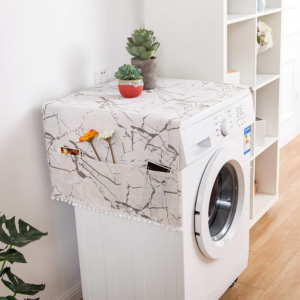 AKOAK 1 Pack 55 x 130cm /22 "x 51" Geometric Washing Machine Refrigerator Dust Cover, Multi-Purpose Household Cotton Linen Dust Microwave Cover, with Storage Pouch (Marble)