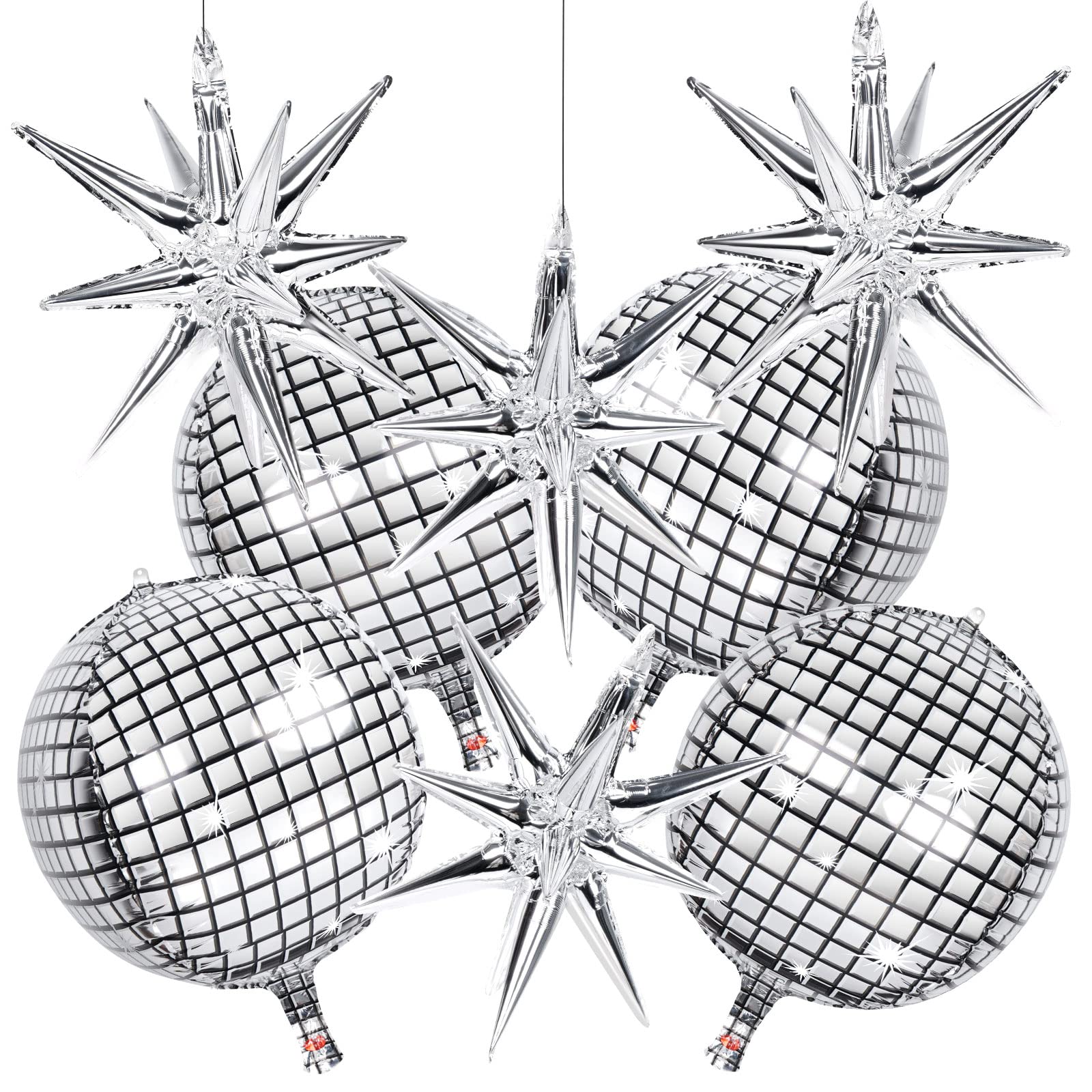 8 PCS 22Inch Silver Disco Ball Ballons, 4D Large Foil Balloons with Metallic Star for 70s Disco Dance Birthday Party Graduation New Year Decoration