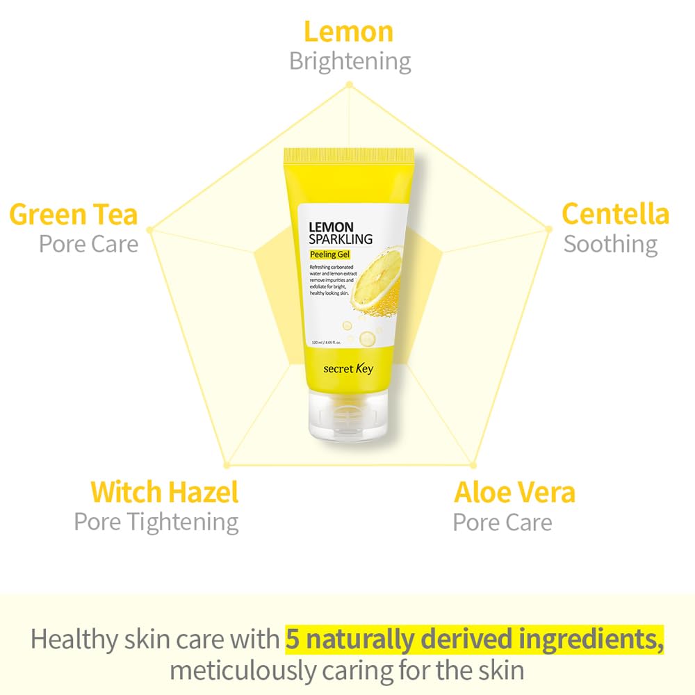 SECRETKEY Lemon Sparkling Peeling Gel, Deep Cleansing, Exfoliation, Skin Moisturization, Low Irritation for Sensitive Skin fl. 4.05 oz / 120 ml, Vitamin C and Refreshing Carbonated Water Synergy