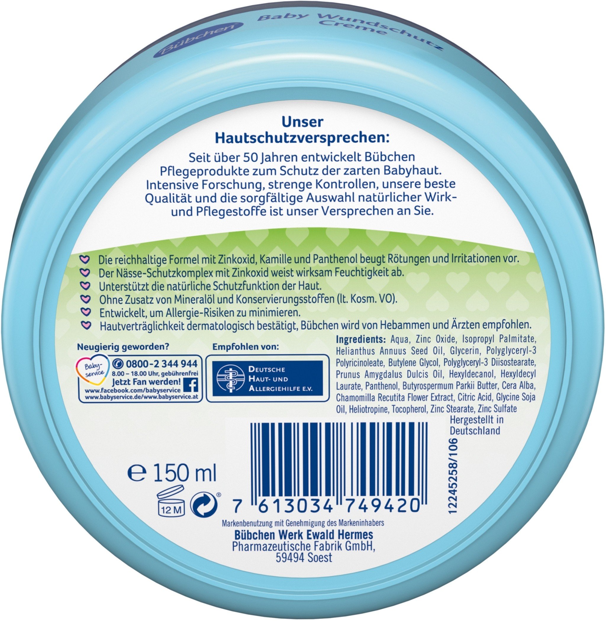 BUEBCHEN Wundschutz Baby Creme 150ml / 5.07 oz Anti-Sore Sore Protection