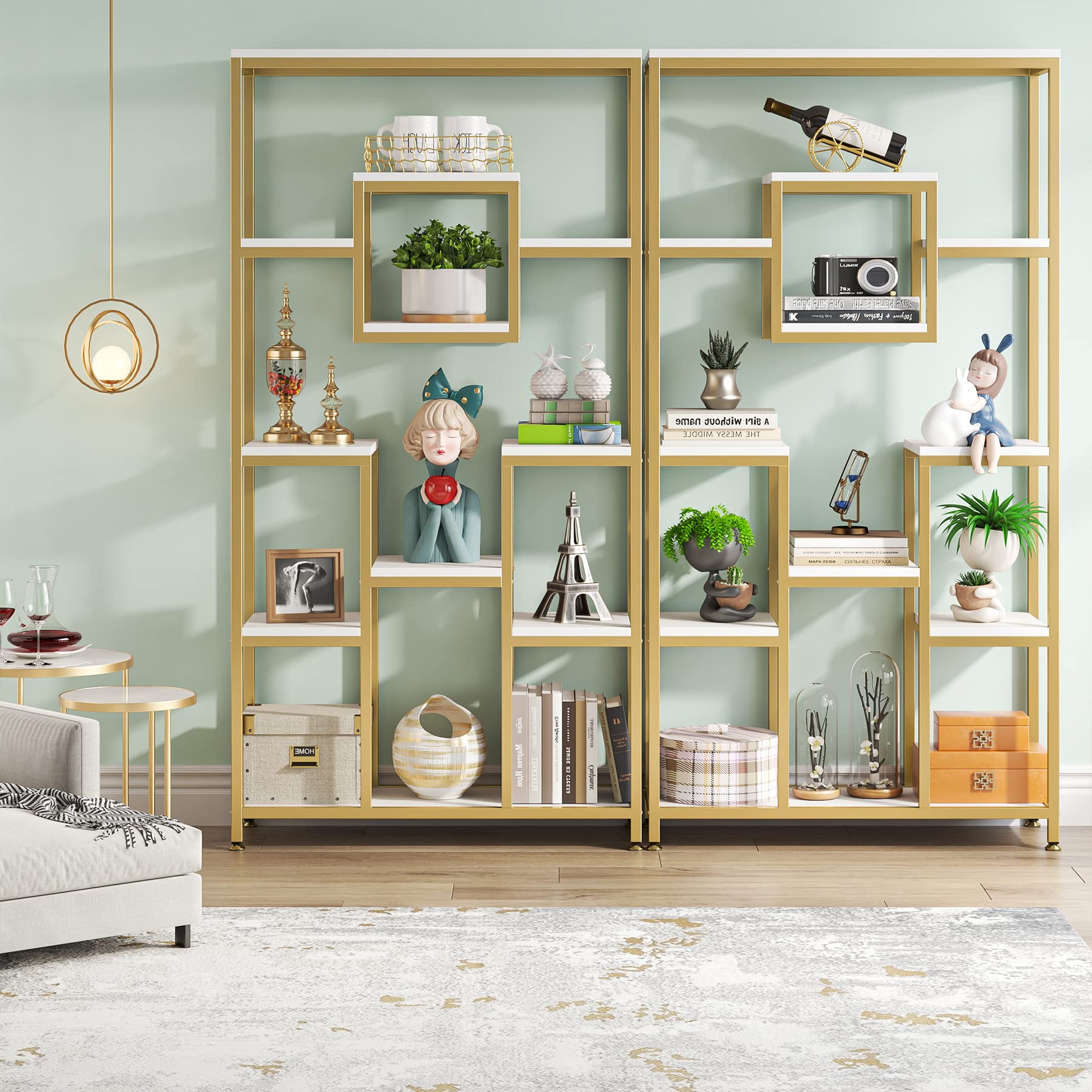 Tribesigns 71" Gold Etagere Bookshelf, Modern 11-Tier Tall Open Display Bookcase Bookshelves, Free Standing Book Shelf for Living Room, Bedroom, Home Office, Gold & White