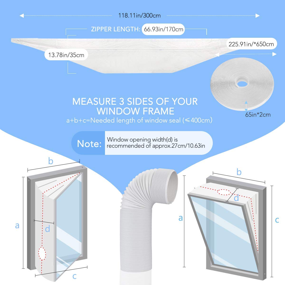 AGPTEK Window Seal for Portable Air Conditioner and Tumble Dryer, 300cm Air Exchange Guards with Zip & Hook Tape, Works with Every Mobile Air-Conditioning Unit