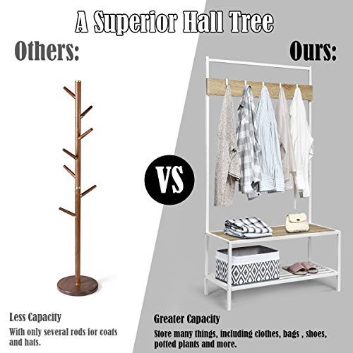 Tangkula Hall Tree with Bench and Shoe Storage, 3-In-1 Industrial Entryway Bench with Coat Rack, Wood Look Coat Rack Shoes Bench Storage Organizer for Home & Office, Coats/Hats/Shoes (Coffee)
