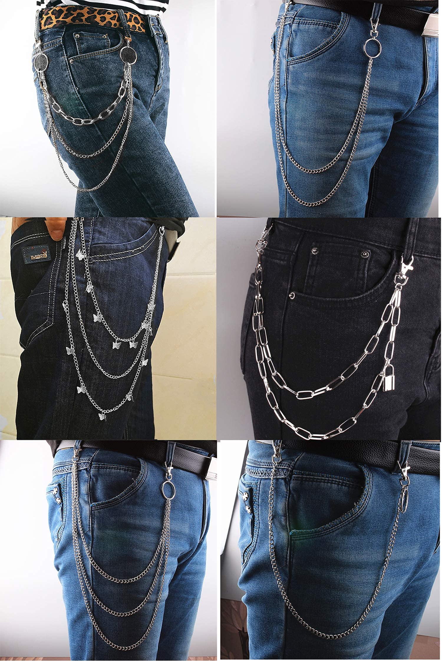 6 Pieces Pants Chain Wallet Chain Butterfly Lock Charm Jeans Chains Pocket Punk Chain Hip Hop Rock Chains for Women Men