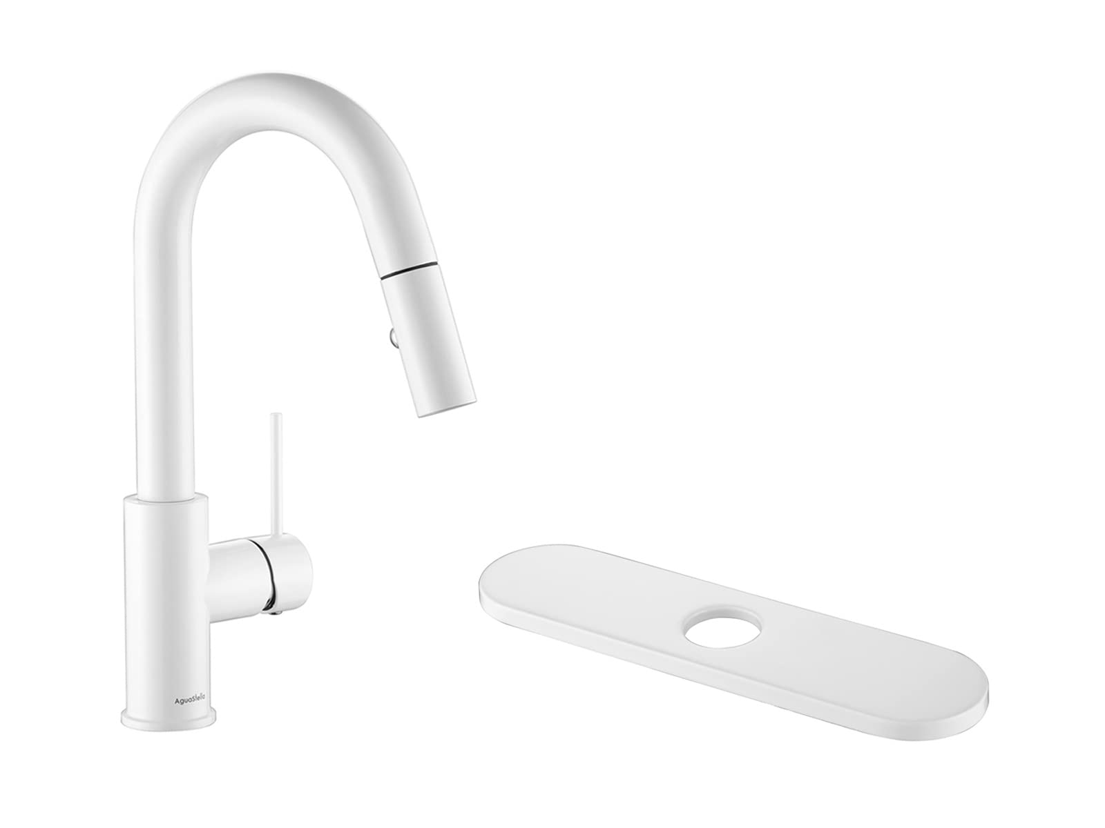 AguaStella AS59W White Bar Faucet with Pull Down Sprayer and ASD52W White Deck Plate