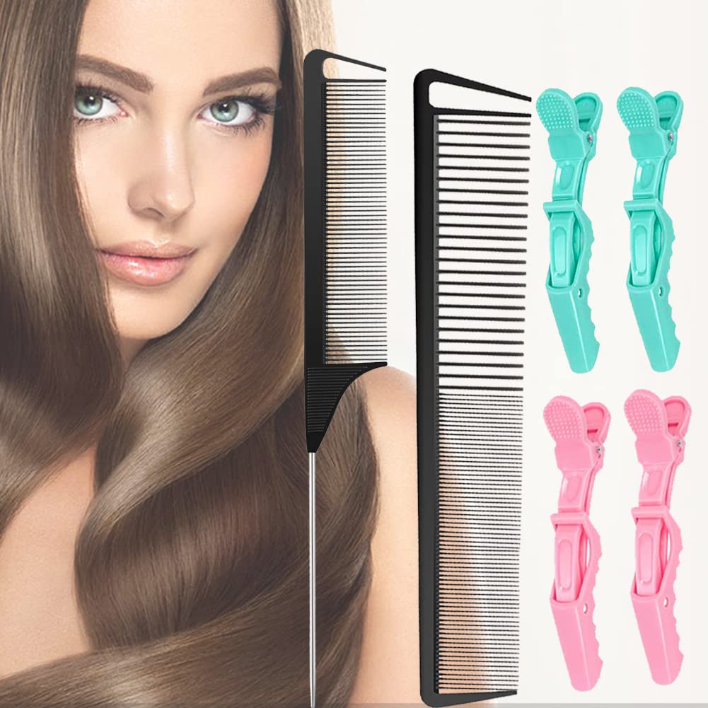 6 Pieces Rat Tail Comb Cutting Comb with Wide and Fine Teeth and Alligator Styling Sectioning Hair Clips Set, Carbon Fiber Styling Combs Stainless Steel Pintail Comb Teasing Combs Parting Combs for Braiding Hair With 4Pcs Colorful Hair Clip for Braids Sal