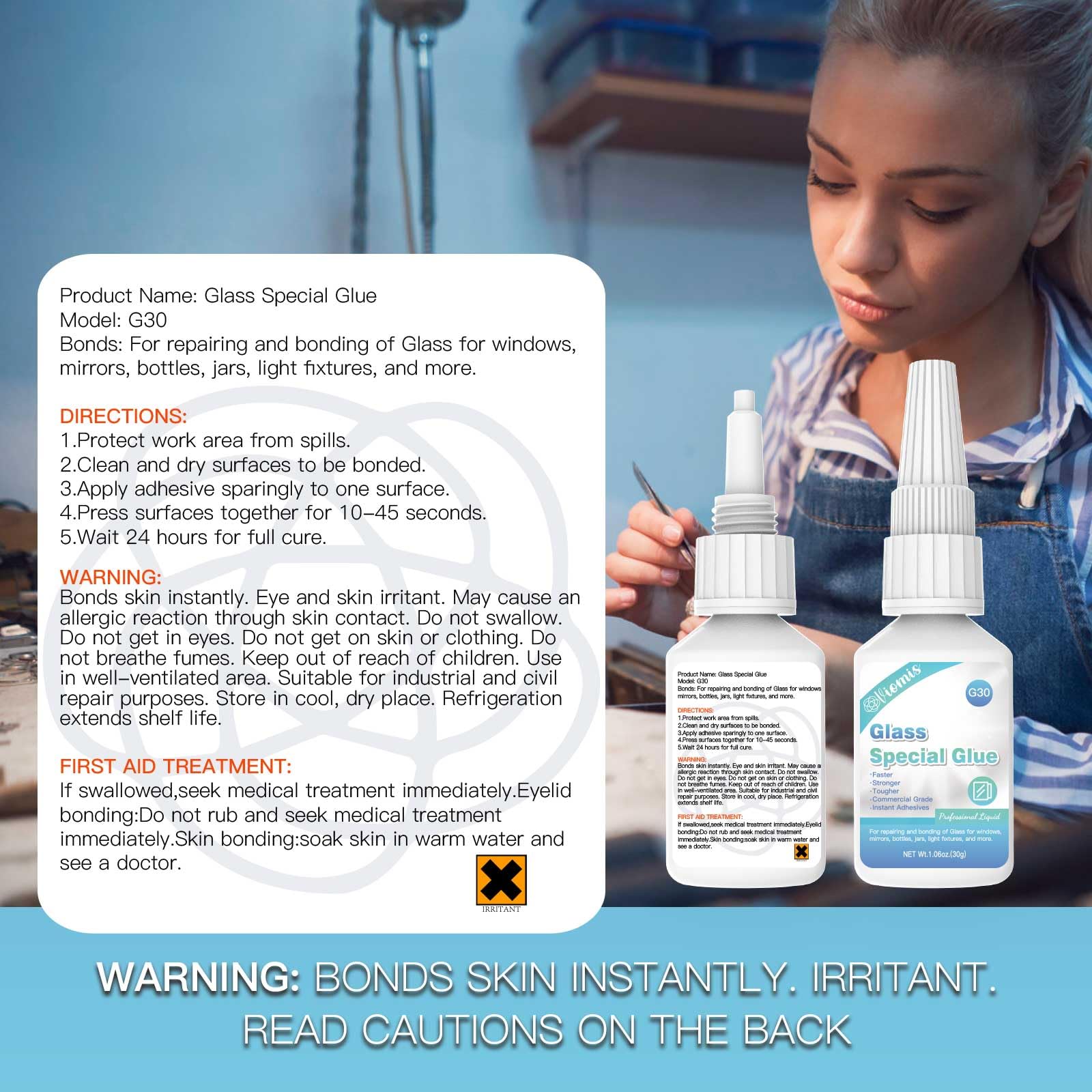 Viomis Glass Glue, 30g, Instant Strong Bond for Glass, Acrylic, Waterproof, Dries Clear, Quick Curing, Ideal for Craft, Jewelry, Rhinestone, Crystal, Mirror, Glasses