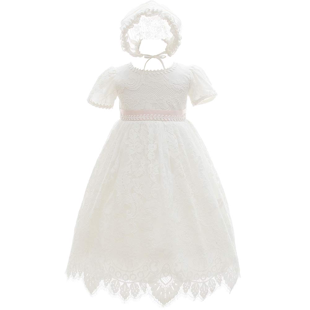 Silver Mermaid Baby Girls Baptism Christening Dress Lace Short Sleeve Wedding Dresses Gown & Bonnet (6M,Ivory White)