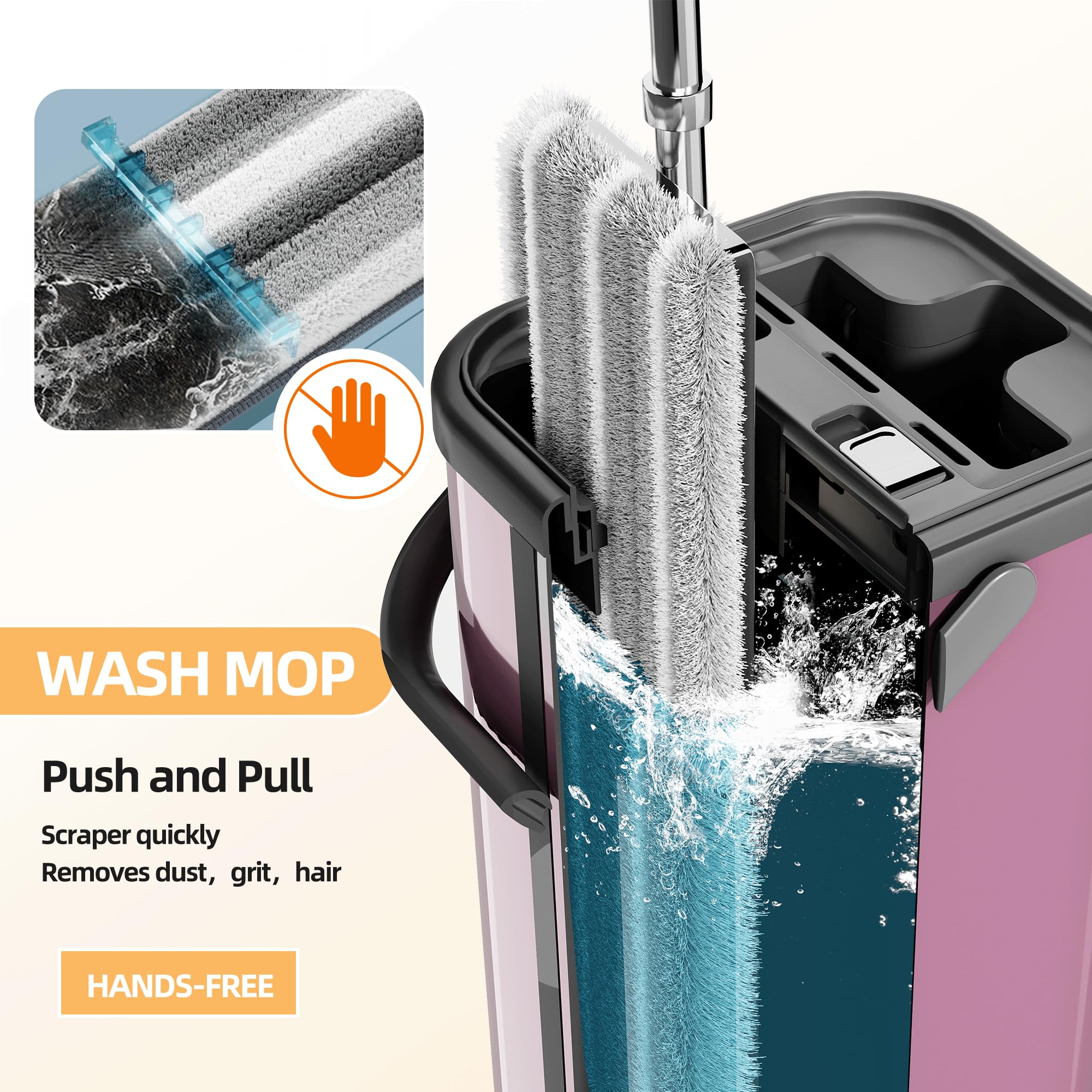 SWIFTIRON Flat Mop and Bucket for Home with Extra Refills, Stainless Steel Mop and Bucket with Wringer, Hands-Free Mop, Wet and Dry Use Mop with Long Handle (Purple)