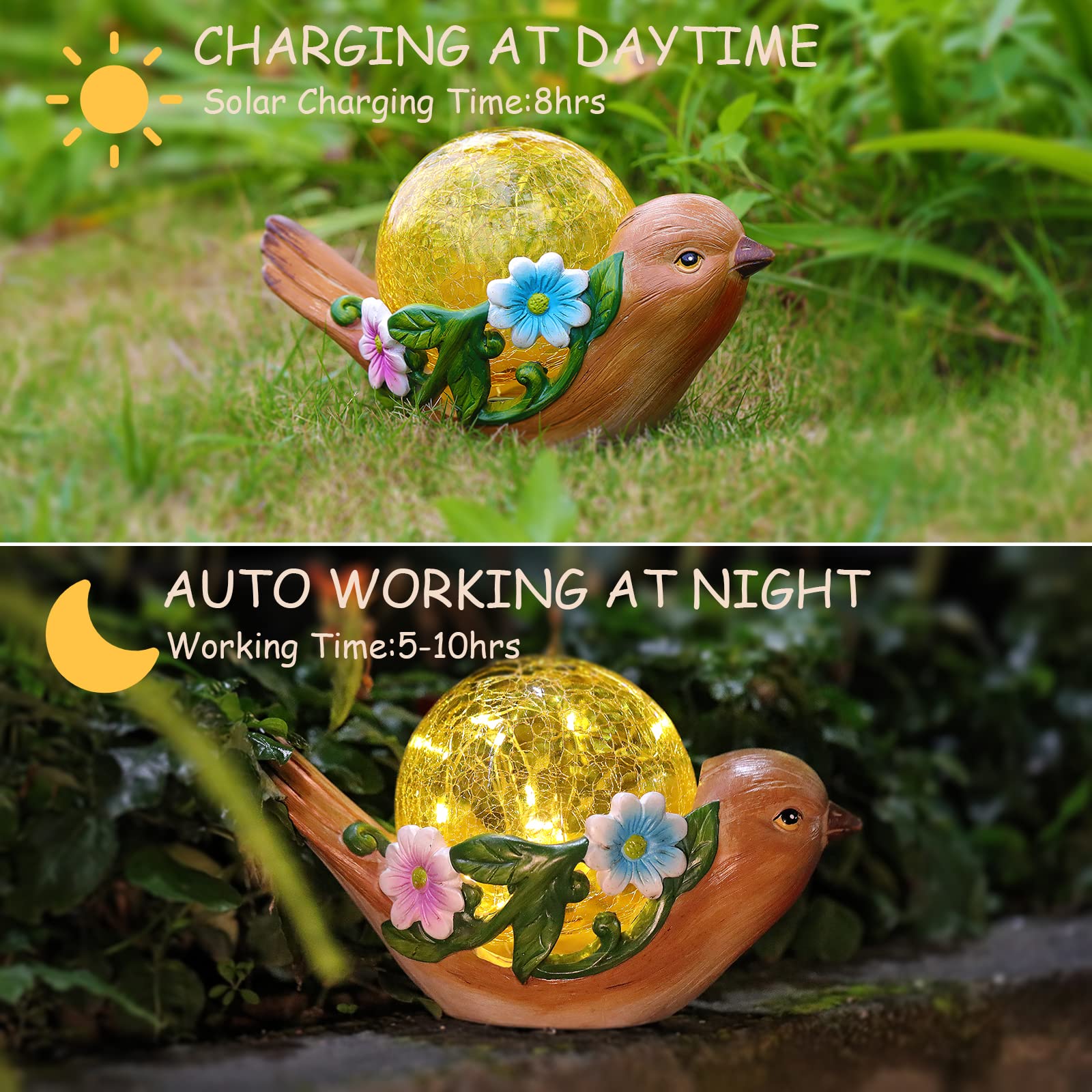 CTgift Garden Bird atue, Garden Bird Sculptures with Solar LED Lights for Artiic Deration of Outdoor Sidewalks, Patios, and Lawns