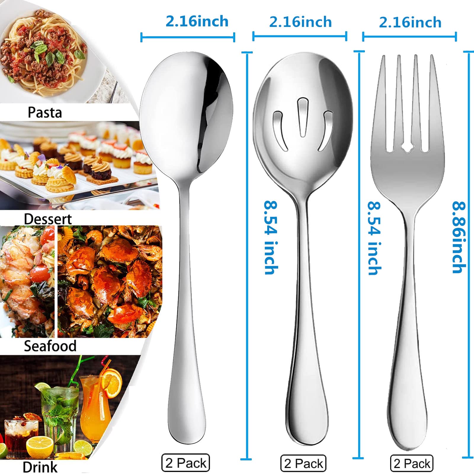 6 Pcs Serving Utensils,Stainless Steel Serving spoons and slotted spoons 8.5 Inch Serving Forks 8.8Inch Large Serving spoons set for Kitchen,Party supply (Silver)