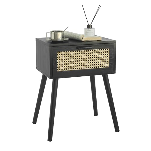 AWASEN Mid Century Modern Nightstand, Rattan Side Table with Drawer, Black Bedside Table with Storage and Solid Wood Legs for Living Room, Bedroom and Small Space (Black)