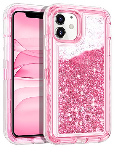 WOLLONY for iPhone 11 Case Glitter, Heavy Duty Girly Liquid Bling Quicksand 3 in 1 Hybrid Impact Resistant Shockproof Hard Bumper Soft Clear Rubber Protective Cover for iPhone 11 6.1inch Pink