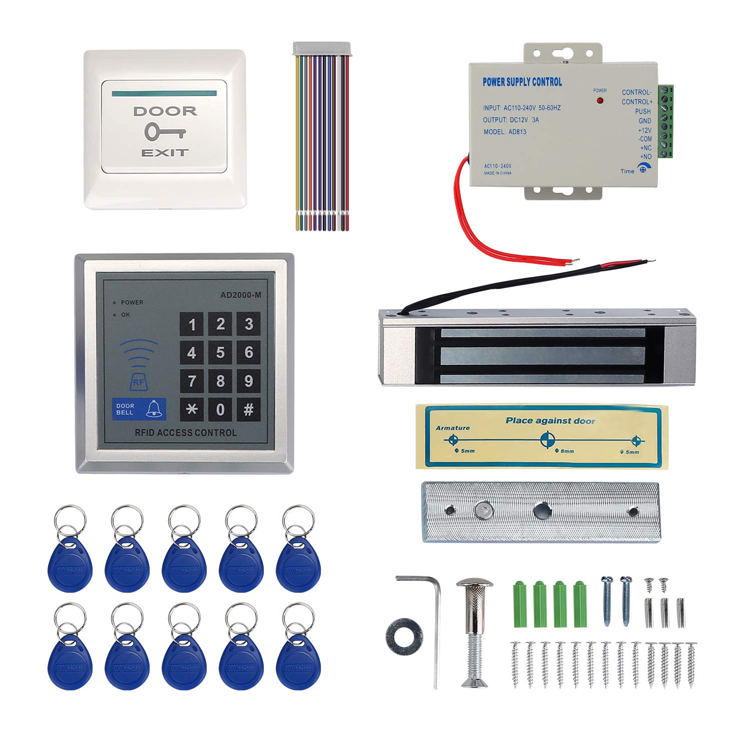 IMAGE Proximity RFID Card Access Control System Kit with 180kg 350LB Electric Magnetic lock 110-240V AC to 12v DC 3A 36w Power Supply Proximity Door Entry Keypad 10 Key Fobs EXIT Button