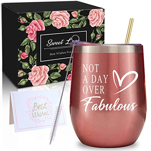 WONDAY Birthday Gifts for Women, Gifts for Women, Grandma, Mom, Wife, Daughter, Sister, Friends, 12 OZ Stainless Steel Wine Tumbler with Lid and straw. (RoseGold)
