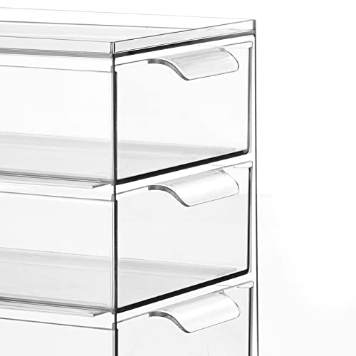 mDesign Plastic Stackable Organizer with 3 Drawers - Pull-Out Drawer Storage Bin for Bathroom Sink/Cabinet Organization - Perfect for Makeup, Small Towels, and More - Lumiere Collection, 4 Pack, Clear