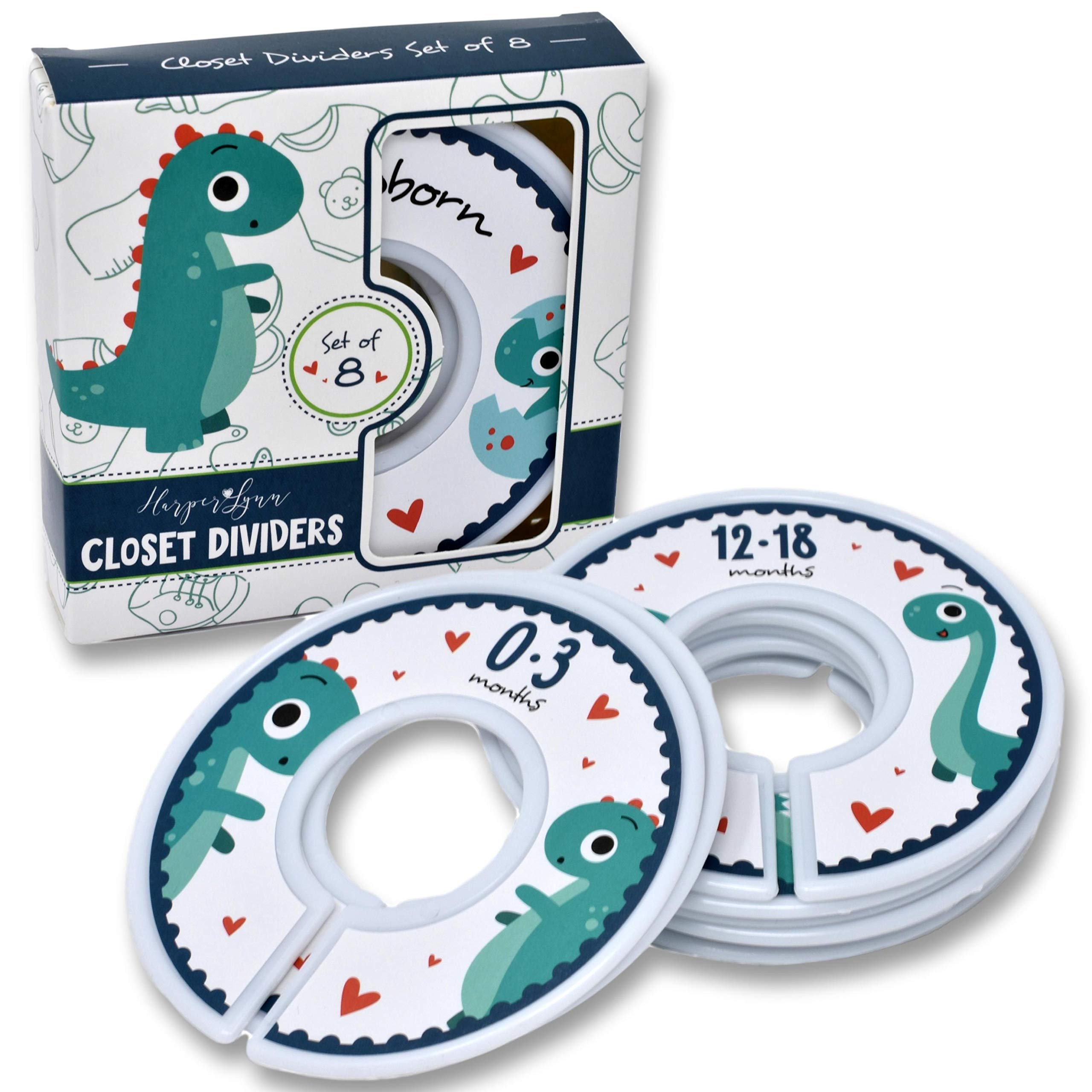 HarperLynn Baby Closet Dividers - Set of 8 Dinosaur Nursery Clothes Organizers - Size Newborn Infant to 2T. Great Gifts Accessories for First Time Parents of Boy or Girl. Fits 1.25 Inch Rod.