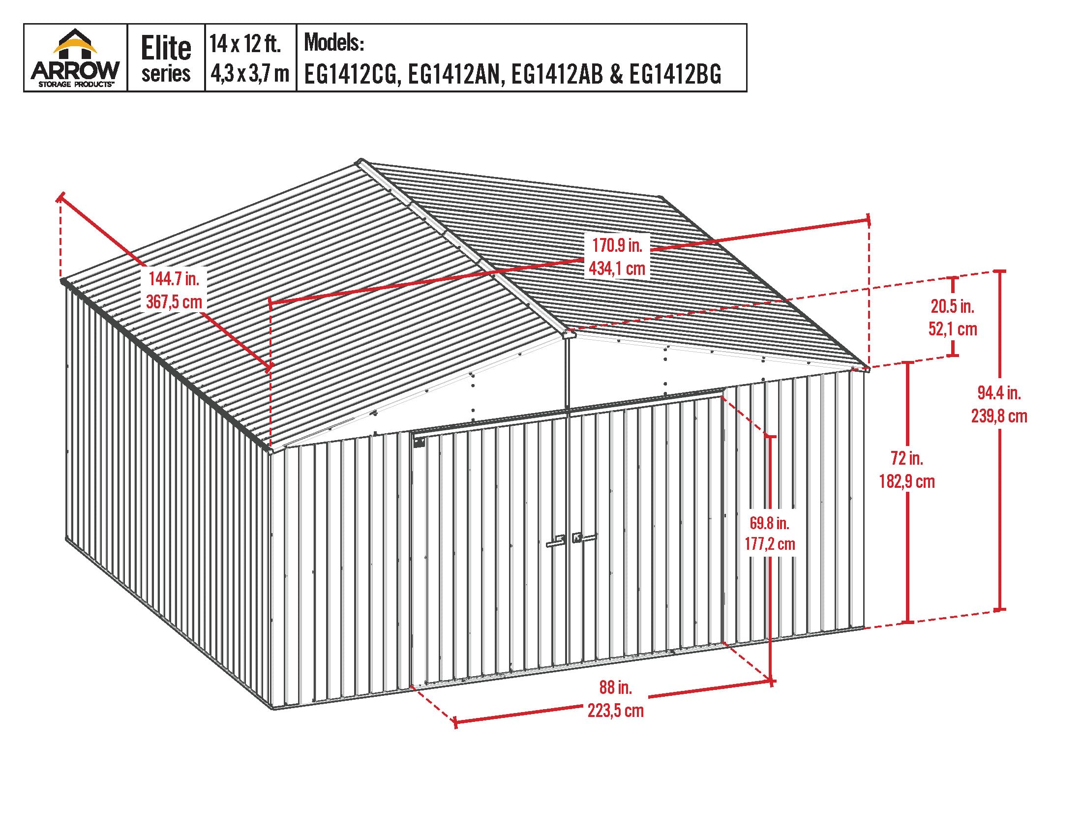 Arrow Shed Elite 14' x 12' Outdoor Lockable Gable Roof Steel Storage Shed Building, Anthracite