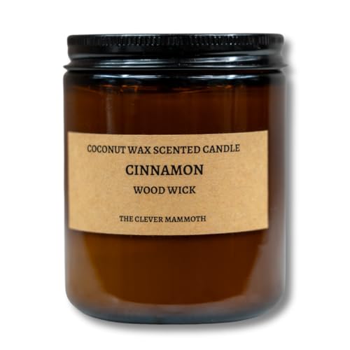 Coconut Wax Scented Candle - Wood Wick - Paraffin Free - Long Lasting - Crackle - Essential Oils - Smoke Free - (Cinnamon, 8 Oz.)