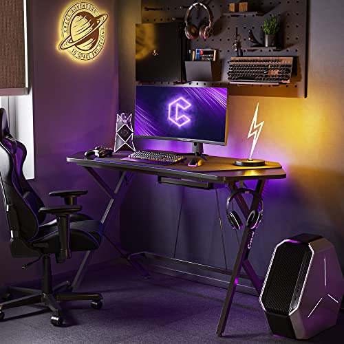 CubiCubi Luna Gaming Desk 47 inch Gamer Workstation, Home Computer Carbon Fiber Surface Gaming Desk PC Table with Cable Tray and Headphone Hook