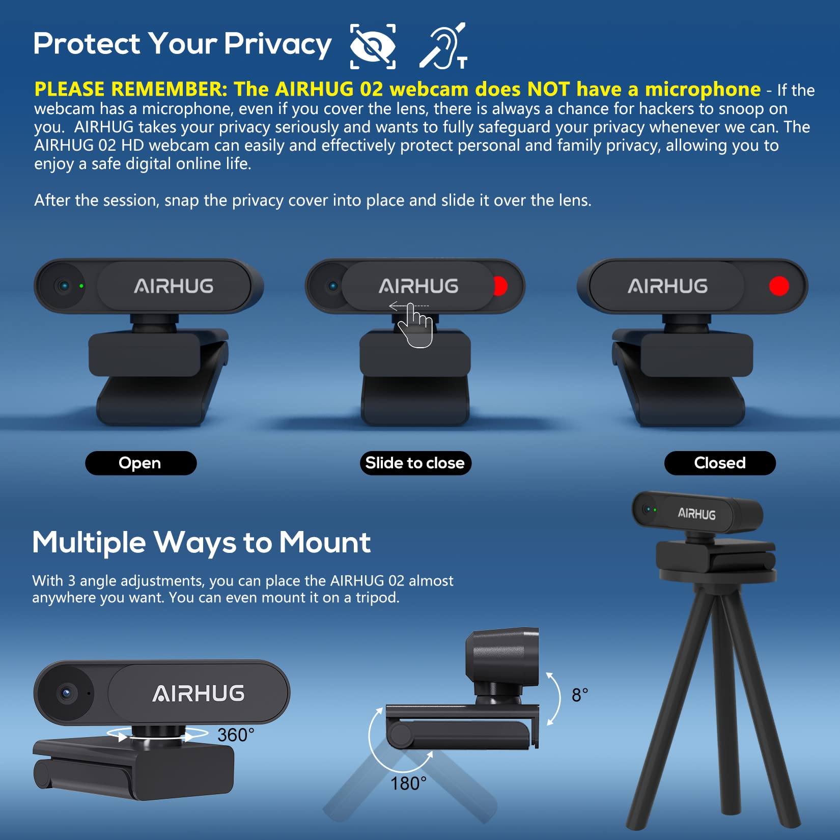 AIRHUG Webcam - Video Conferencing Streaming Recording - Plug & Play USB Web cam with Privacy Cover (2K Webcam No Mic)
