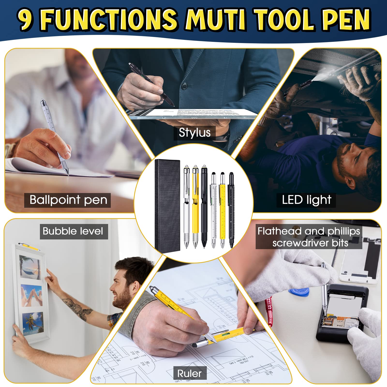 6 Pieces 9 in 1 Multitool Pen Set, Gifts for Men Him Dad Cool Gadgets for Father's Day Christmas Gifts Stocking Stuffers for Men Tool Pen with LED Light Stylus Level Screwdriver Ruler