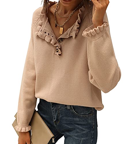 BTFBM Women's Sweaters Casual Long Sleeve Button Down Crew Neck Ruffle Knit Pullover Sweater Tops Solid Color Striped(Solid Khaki, Small)