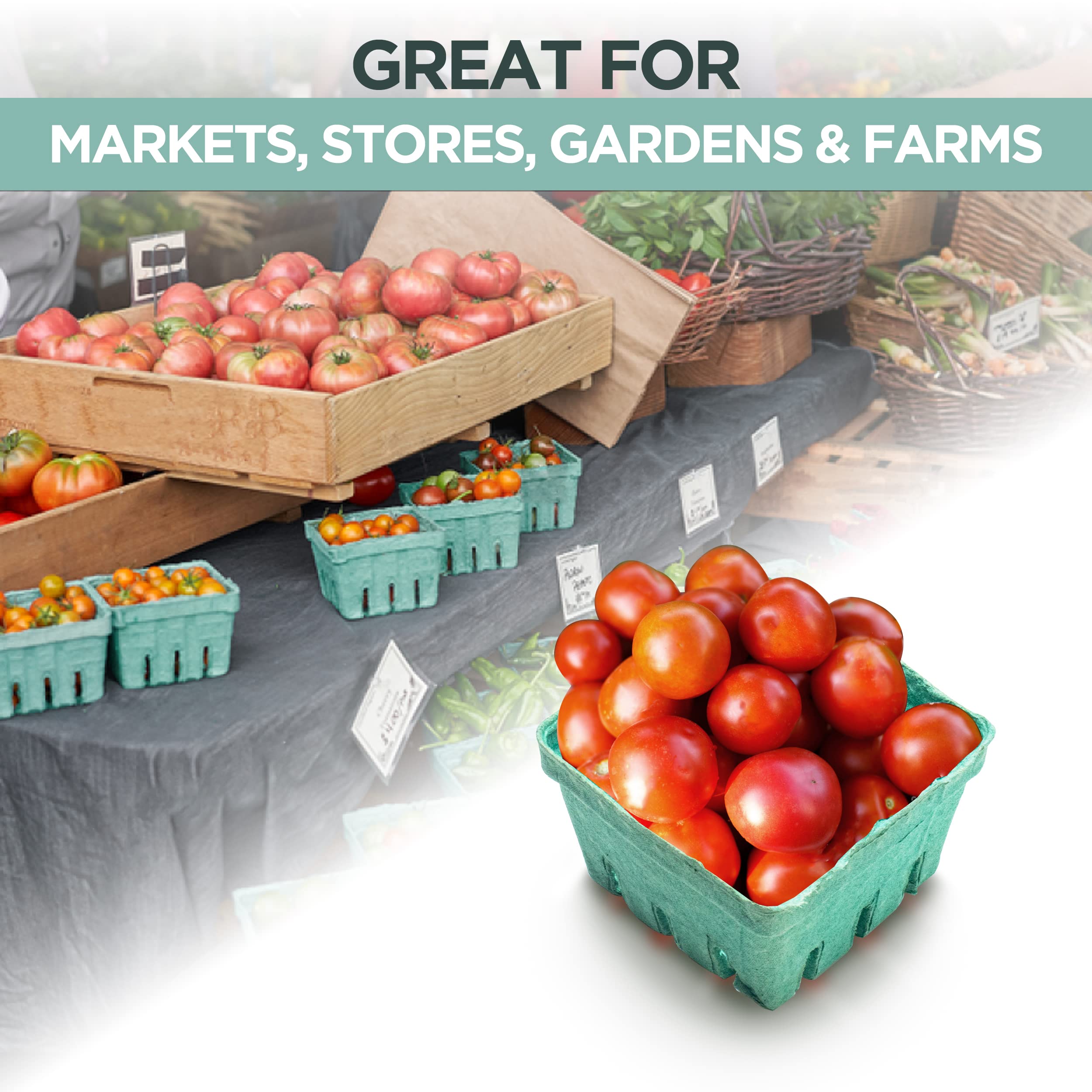 FMP Brands 44 Pack Quart Green Molded Pulp Fiber Berry Basket Produce Vented Container for Fruit and Vegetable, Farmer Market, Grocery Stores and Backyard Party