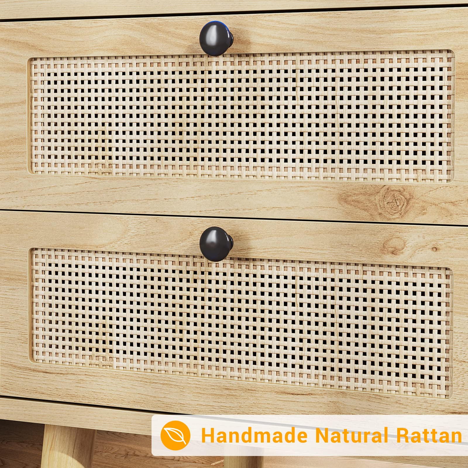 VIAGDO Rattan Nightstand with Charging Station, Led Night Stand with 2 Rattan Drawers, Bedside Tables with Solid Wood Feet, End Side Table with Open Storage Shelf for Bedroom
