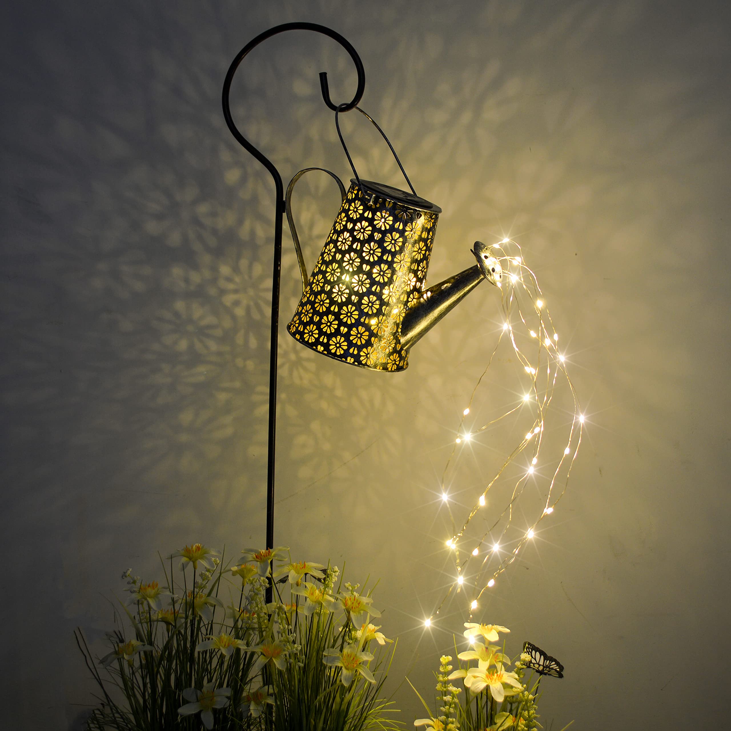Cubular Solar Watering Can with Lights Outdoor - Metal Waterproof Garden Flower Decor Stake Light Art Decor Gift for Table Patio Yards Pathway Party - Hanging Solar Lantern with Fairy Waterfall Light