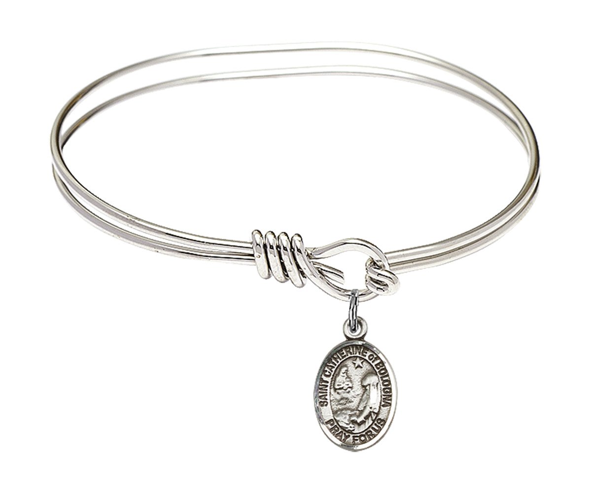 5 3/4 inch Oval Eye Hook Bangle Bracelet w/St. Catherine of Bologna in Sterling Silver