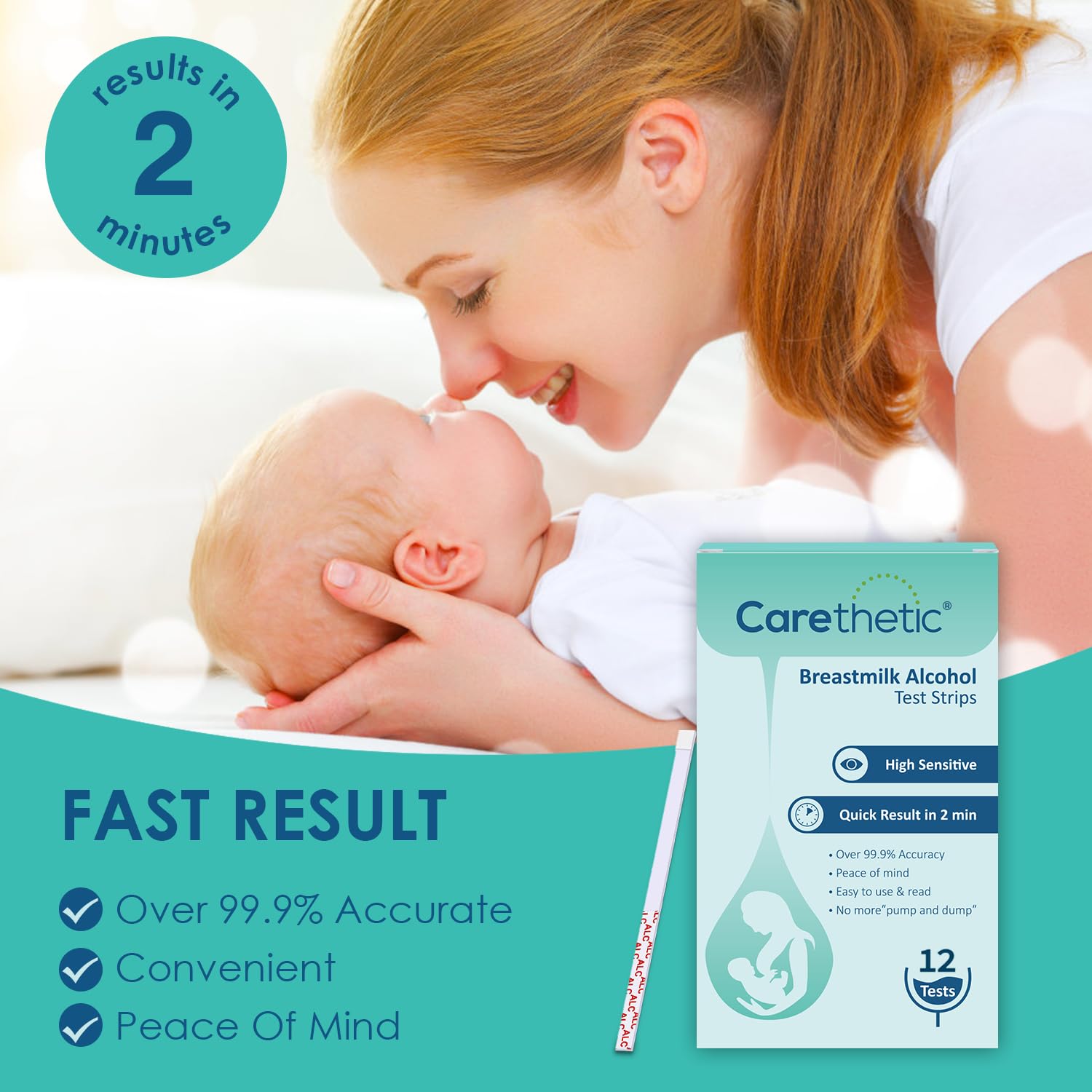 Alcohol Detection Strips Breast Milk - Carethetic Highly Sensitive Breastmilk Alcohol Testing Strips, at Home Alcohol Test for Breastfeeding and Lactation Moms - Peace of Mind in 2 min (12 Count)