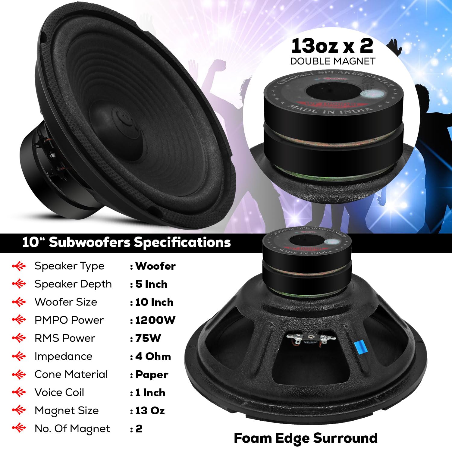 5 Core 10 Inch Subwoofer Speakers • 1200W Peak • 4 Ohm Replacement Car Sub Woofer w Powerful Bass • 1" Voice Coil • Double 13 Oz Magnet WF 1090 DBL