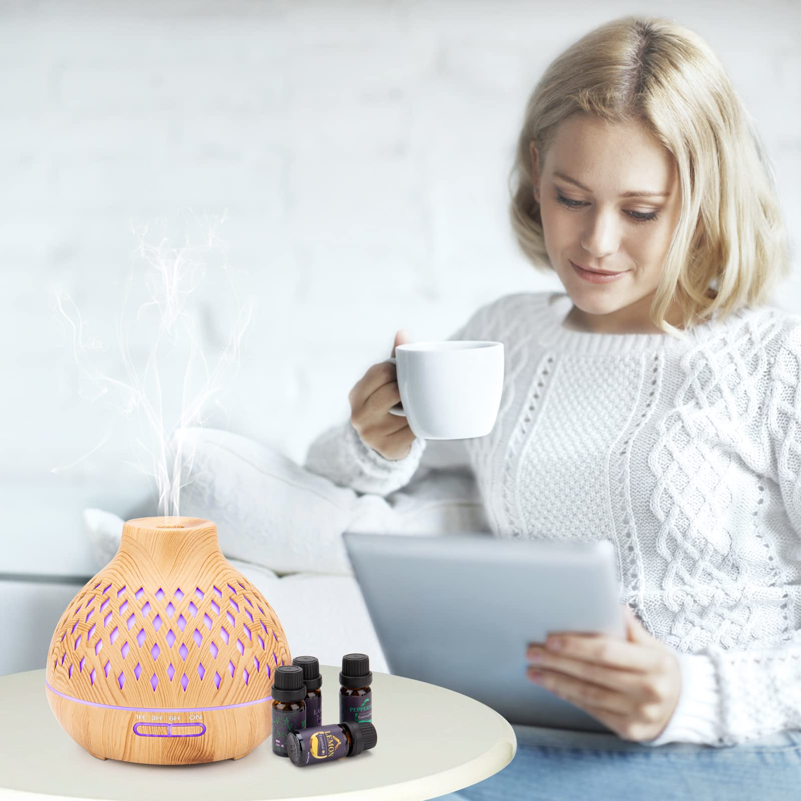 400ML Essential Oil Diffuser,Cool Mist air Scent Humidifier,Aromatherapy Diffuser with Remote Control Included and Waterless Safety Switch ,14 LED Colors for Large Room,Home