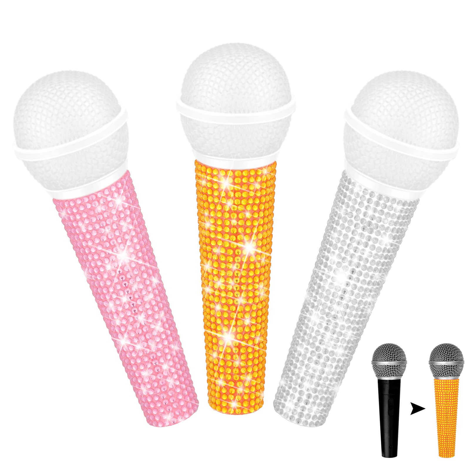3 Pieces Rhinestones Mic Handle Cover Rhinestone Microphone Sleeve Bling Microphone Sleeve for TV Shows Party Performance Speech Replacement Glitter Microphone Accessories (Silver, Gold, Pink)