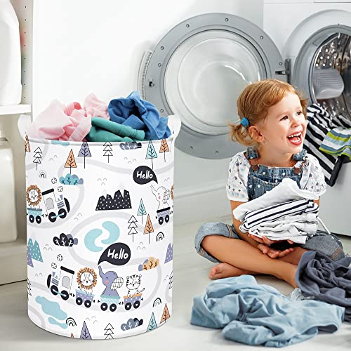 Clastyle 45L Urban Traveling Animals Elephant Nursery Laundry Basket Lion Tiger Train Round Toy Clothes Storage Basket for Kindergarten, 14.2x17.7 in