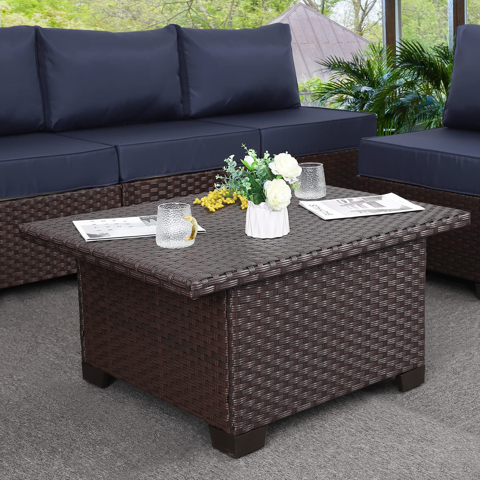 Patio Rattan Coffee Table with Hidden Storage, Wicker Liftable Dinning Table, Versatile Piece of Outdoor Furniture, Brown