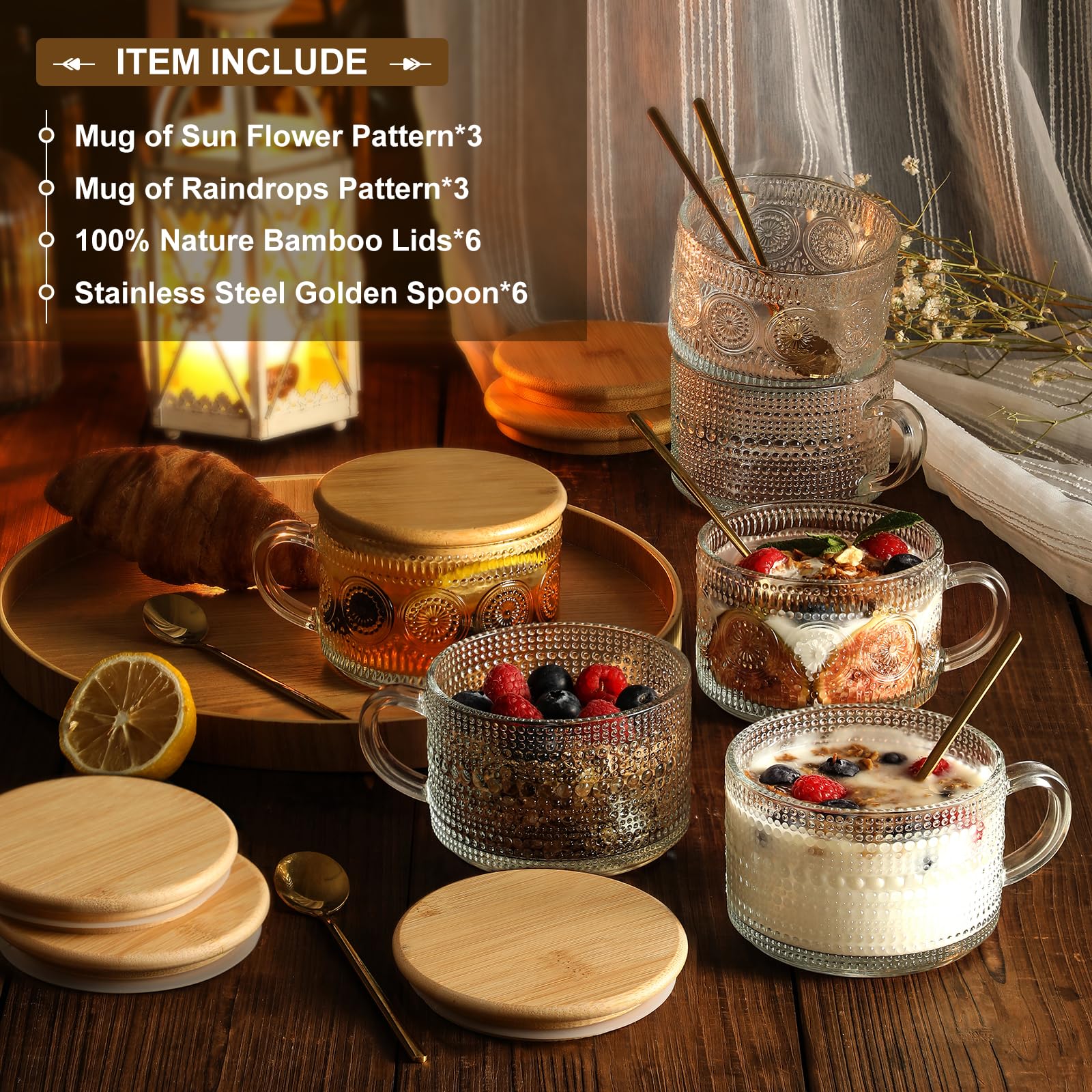 6 Pack 14oz Vintage Glass Coffee Mugs with Bamboo Lids and Spoons, Green Embossed Drinking Glasses for Iced Coffee, Tea, Latte - Cute Coffee Bar Accessories