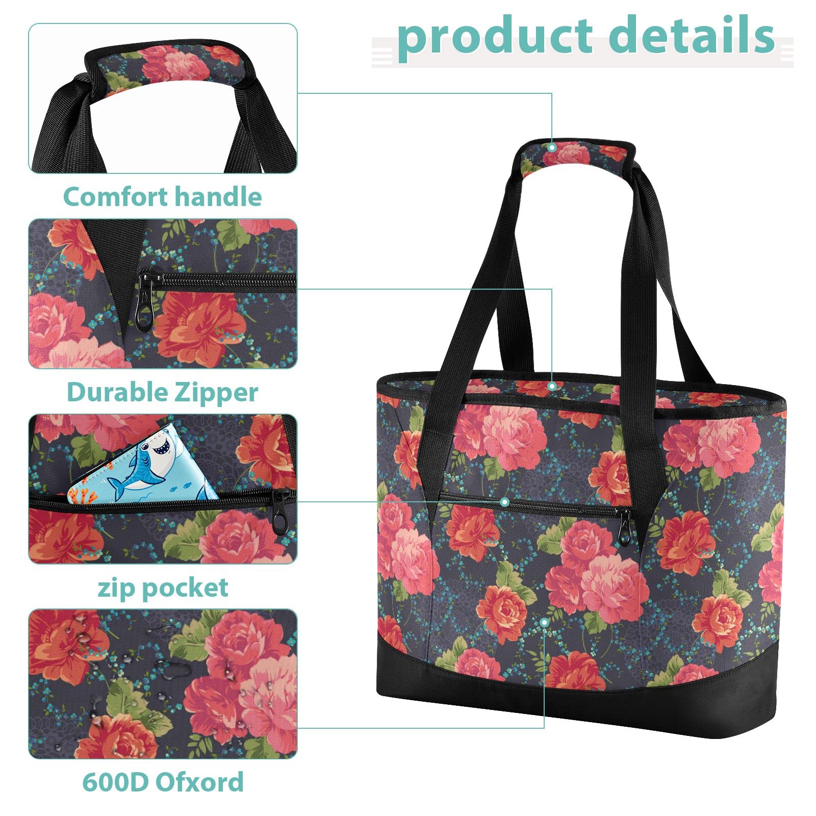 ALAZA Classic Red Flowers Cooler Bag Insulated Lunch Bag for Women Men, Reusable Leakproof Cooler Tote Shoulder Bag for Picnic Camping Work Office Beach