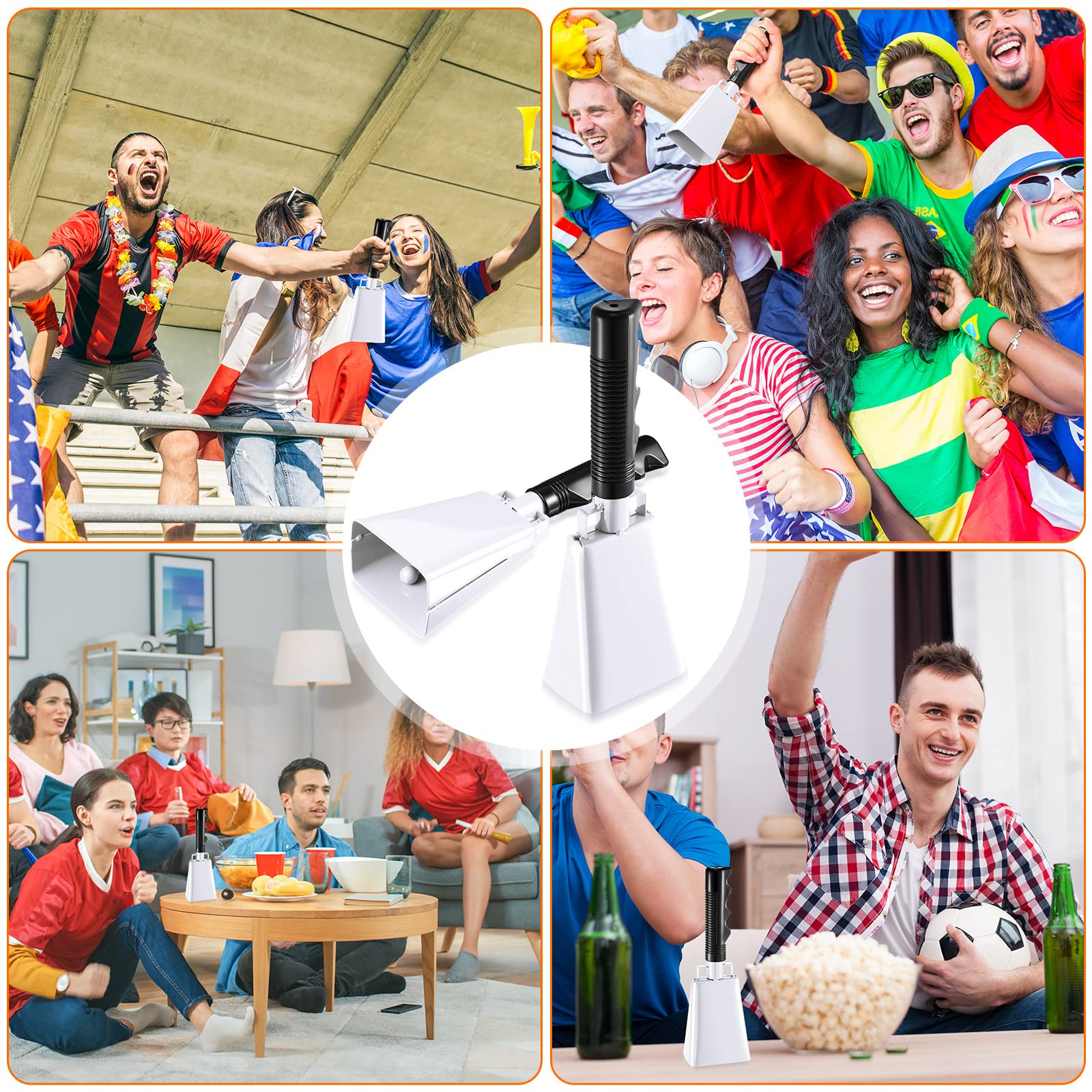 6 Pack Cowbell with Handle Solid Cheering Bell Cow Bells Noise Makers Cowbells for Sporting Events Percussion Hand Bells Chimes for School Football Game Wedding Musical Instruments, White (Small)