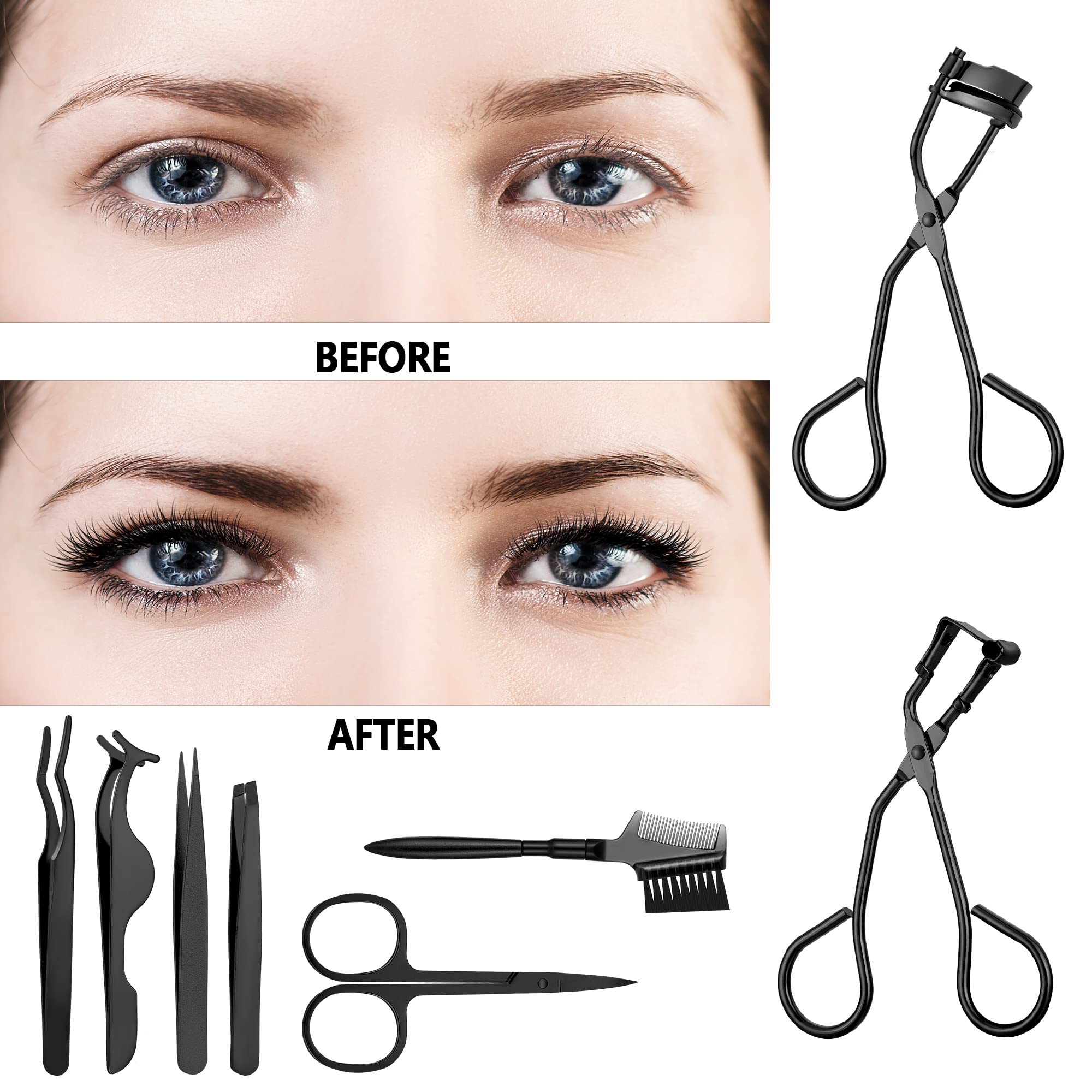 Mudder 48 Pcs Eyelash Curler Makeup Tools Set, Include Mini Eyelash Curler Kit, Eyebrow Extension Tweezers, Brush Comb and Scissors, Silicone Refill Pads, Black