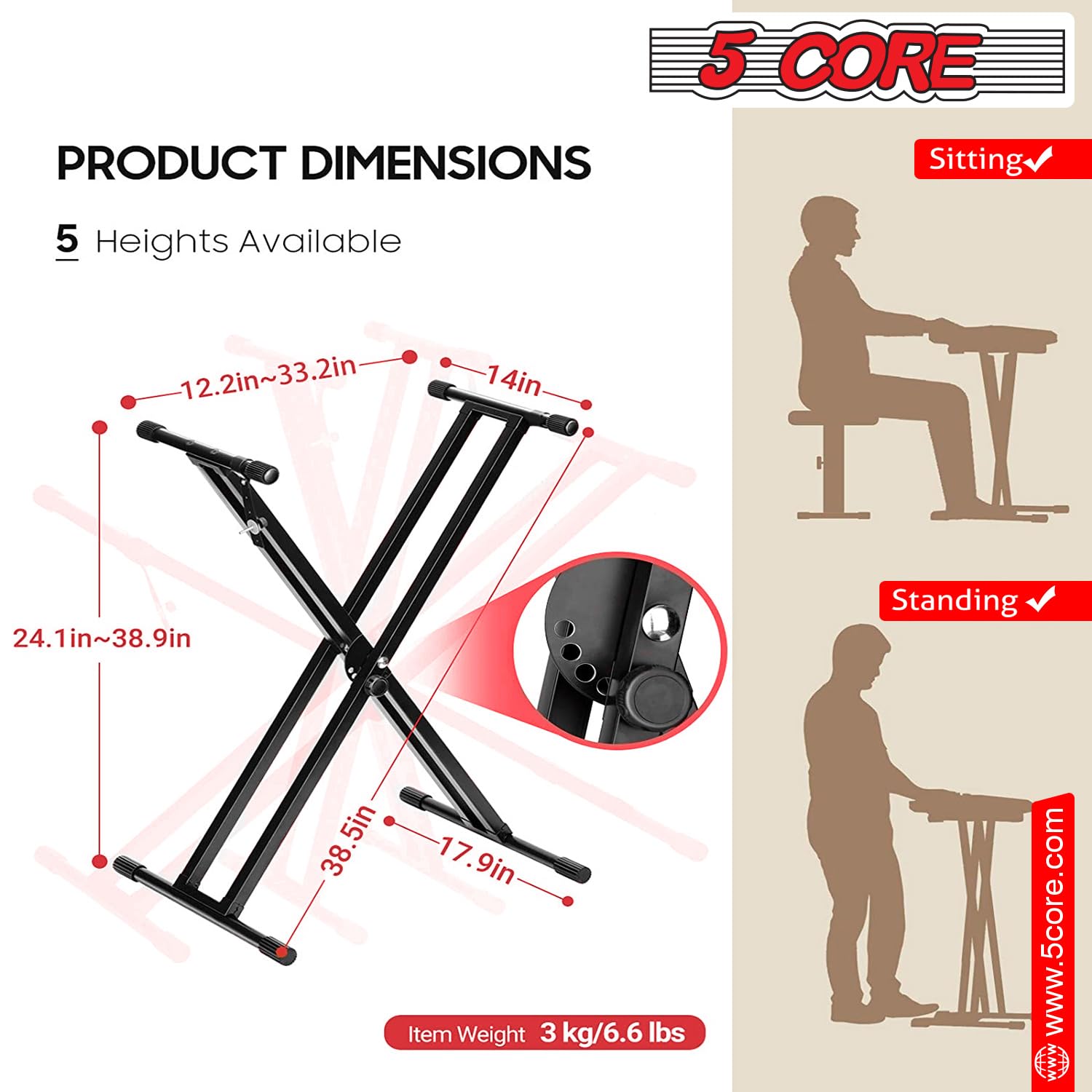 5 CORE Piano Keyboard Stand Double X Heavy Duty 7 Adjustable Heights & Width Digital Electric Synthesizer Music Stands For 61 76 88 Keys w Secure Locking Strap KS 2X BLK
