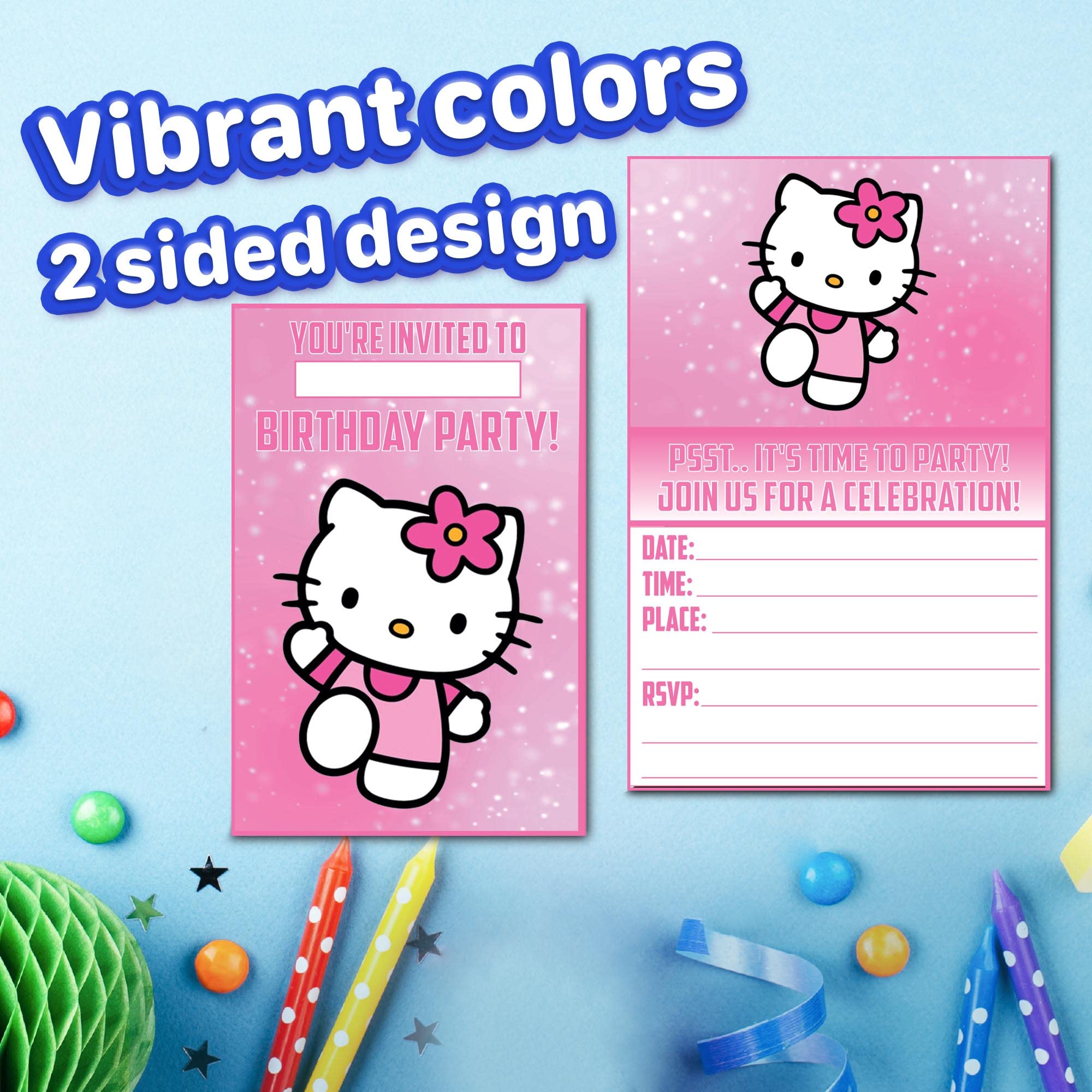 Set of 20 Cute Pink Cat Term or Description -Themed Happy Birthday Invitation Cards & Envelopes - Lightweight (240g), Postcard Style Invites for the Perfect Party Pack